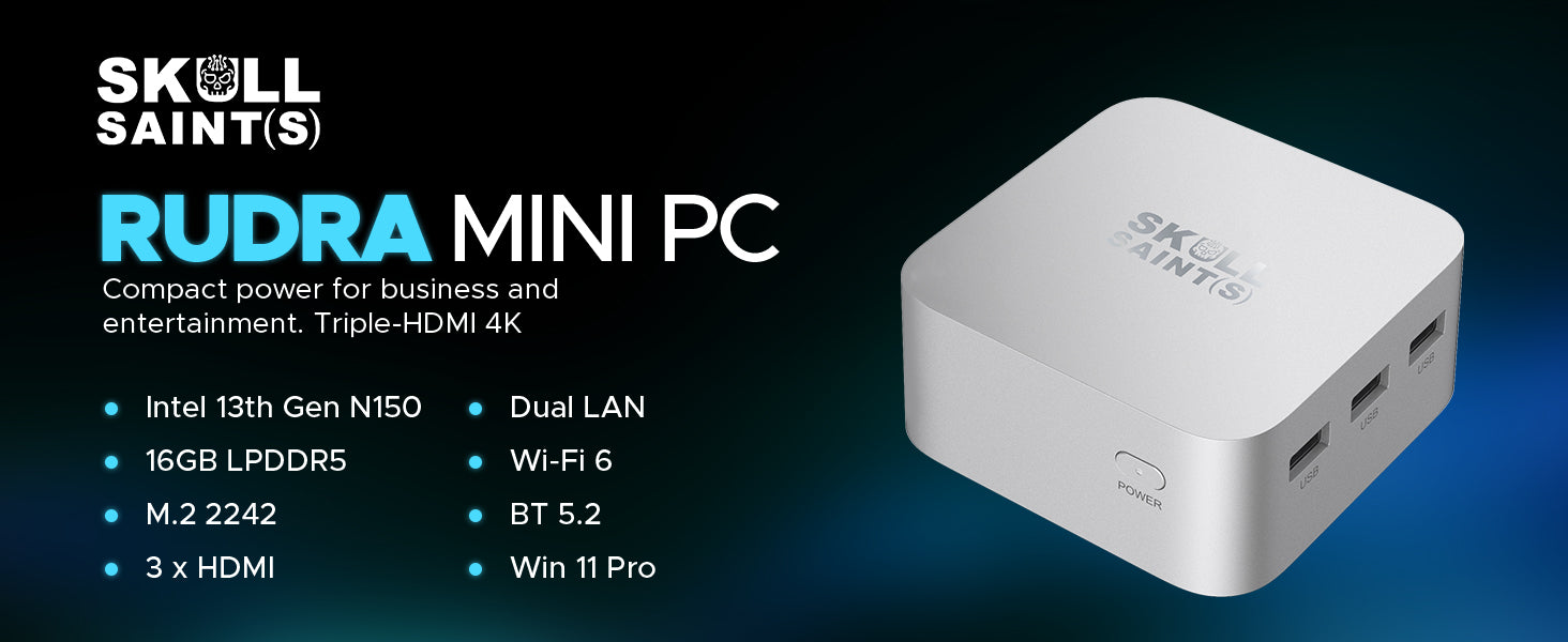 Rudra by SkullSaints Mini PC with N150 Twin Lake (Upto 3.6GHz) Triple 4K Display Dual LAN WiFi 6 ...